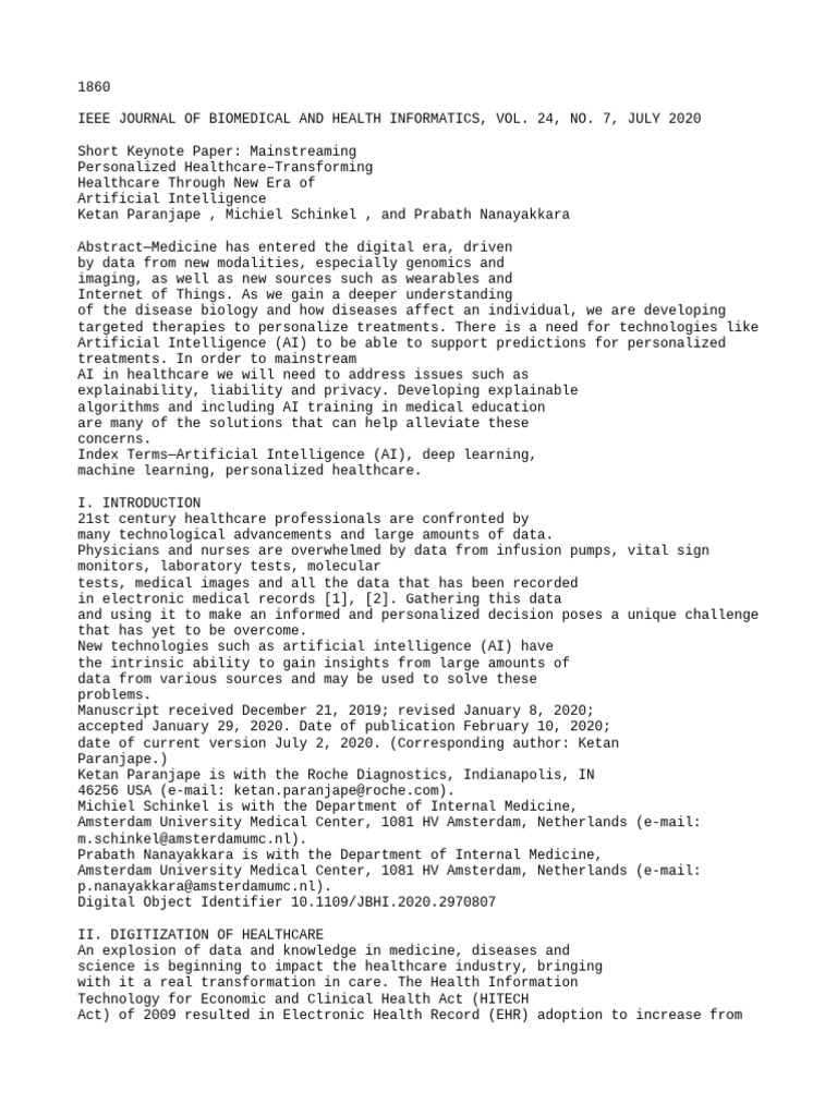 Short Keynote Paper Mainstreaming Personalized HealthcareTransforming ...