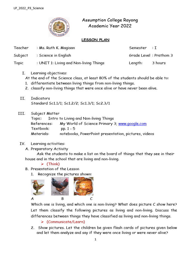 LP - Living and Non-Living Things | PDF | Lesson Plan | Science Education
