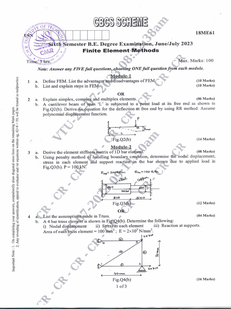 VTU Question Paper of 18ME61 Finite Element Methods June-July-2023 | PDF