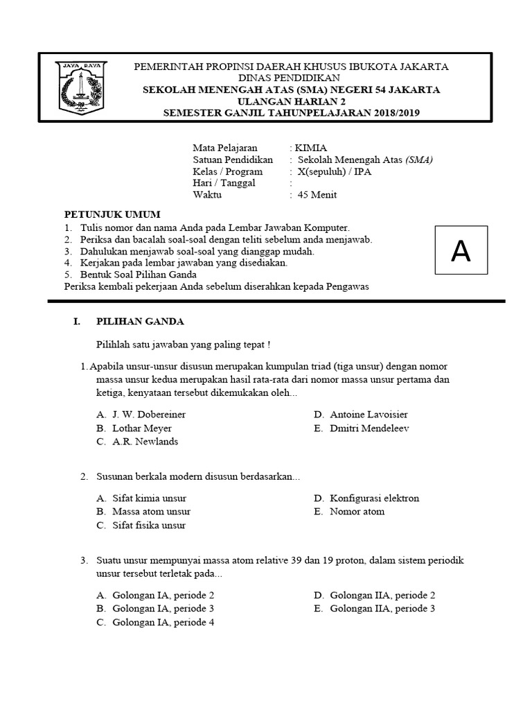 Ulangan Harian Kimia SMA 54 Jakarta | PDF