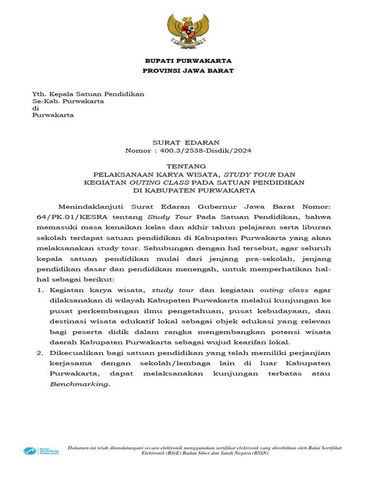 Surat Edaran Study Tour Bupati | PDF