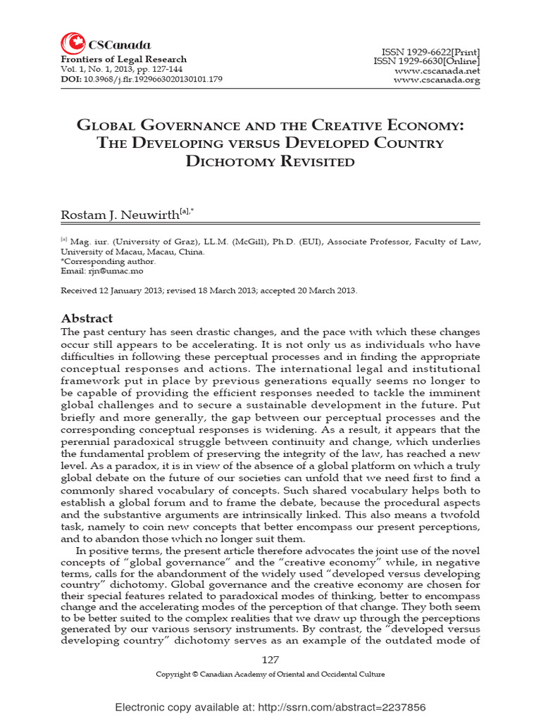 02 Neuwirth 2013 - Global Governance and The Creative Economy - The Developing Versus Developed ...
