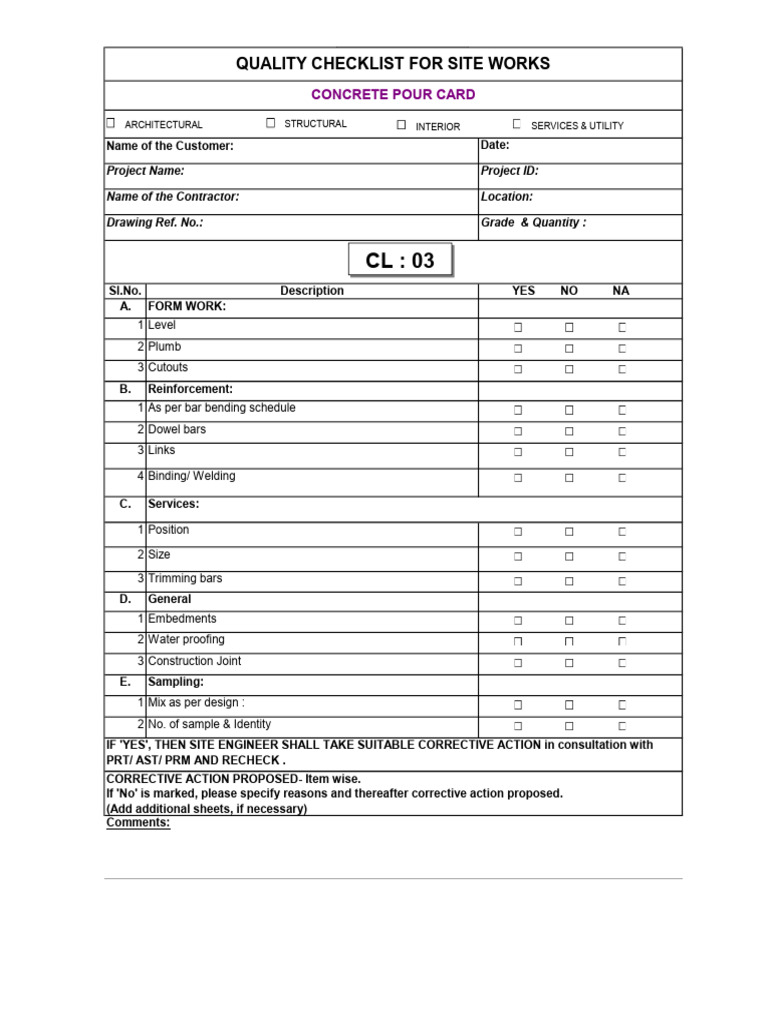 Quality Checklist For Site Works: Concrete Pour Card | PDF
