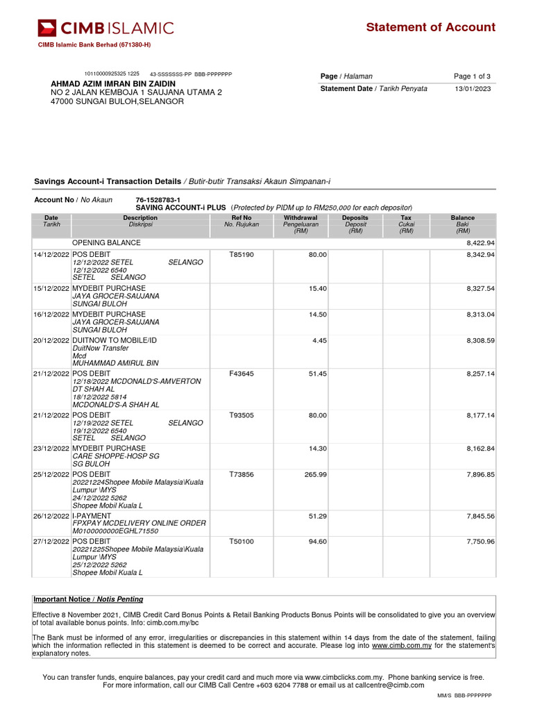 CIMB Account Statement Summary | PDF | Service Industries | Business