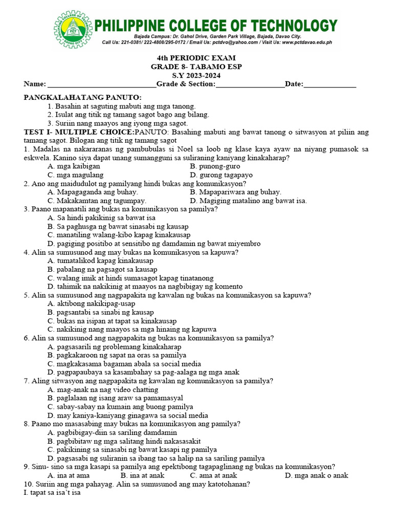 4th PERIODIC EXAM Esp 8 | PDF