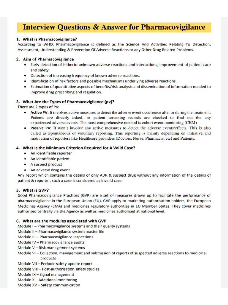 Pharmacovigilance Important Interview Questions | PDF