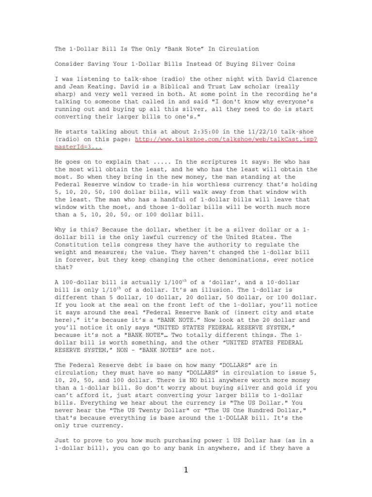 The 1 Dollar Bill Is The Only Bank Note in Circulation | PDF | United ...