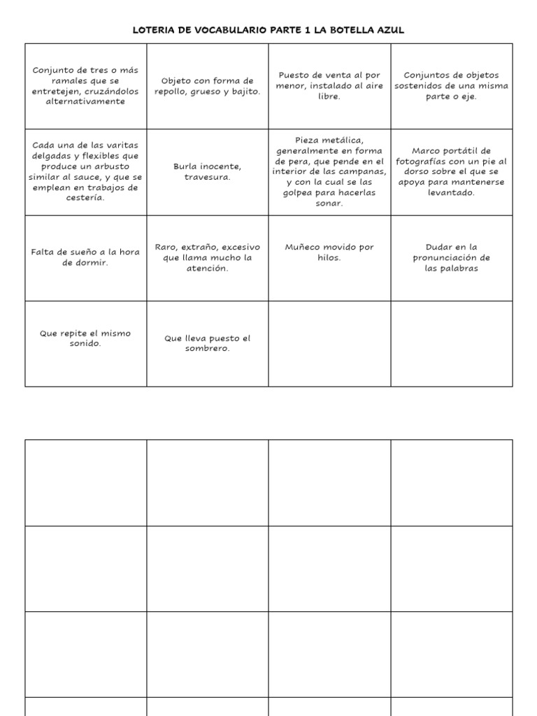 LOTERIA DE VOCABULARIO PARTE 1 y 2 LA BOTELLA AZUL | PDF | Hogar ...