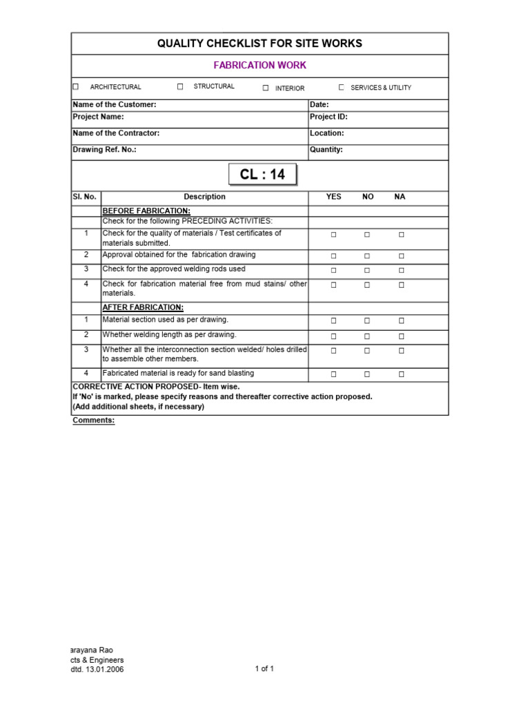 Quality Checklist For Site Works: Fabrication Work | PDF | Art | Computers