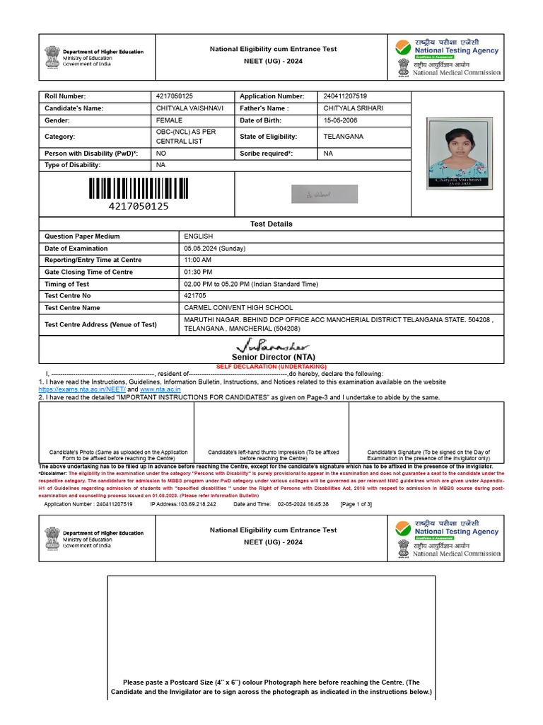 NEET UG 2024 Admit Card Details | PDF | Identity Document