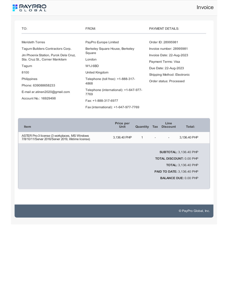 PayPro Global Invoice 28995981 (2023-Aug-22) | PDF | Invoice | Payments