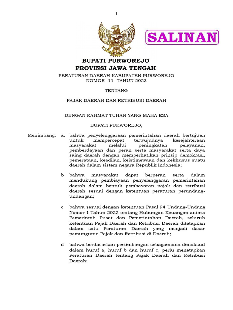Perda 11 Tahun 2023 Pajak Daerah Dan Retribusi Daerah | PDF