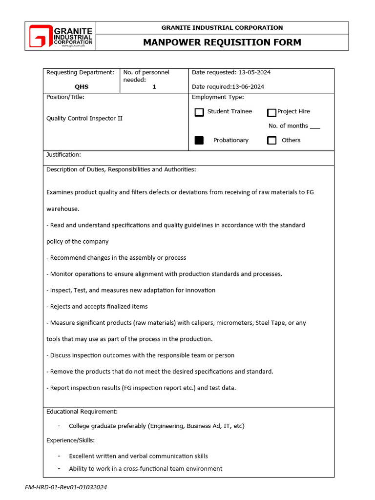 FM-HRD-01-REV01-01032024 Manpower Requisition Form QC 2 | PDF | Human ...