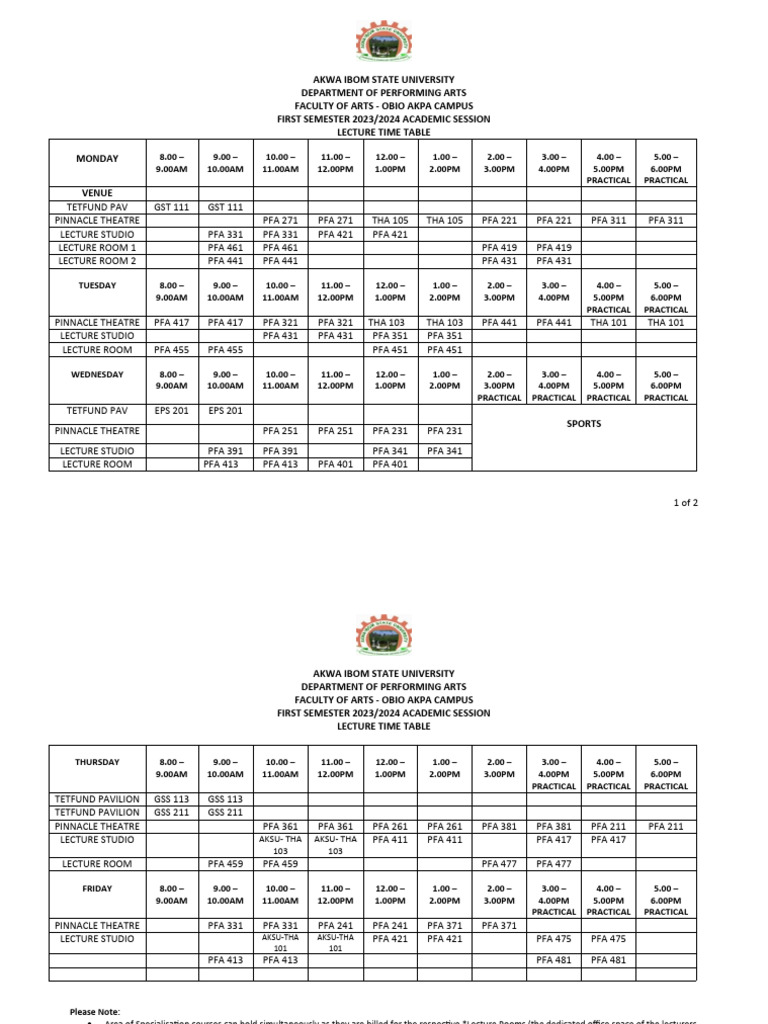 First Semester Lecture Time Table 2023 2024 Session | PDF
