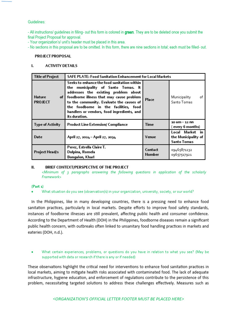 Project Proposal Template | PDF | Food Safety | Sanitation
