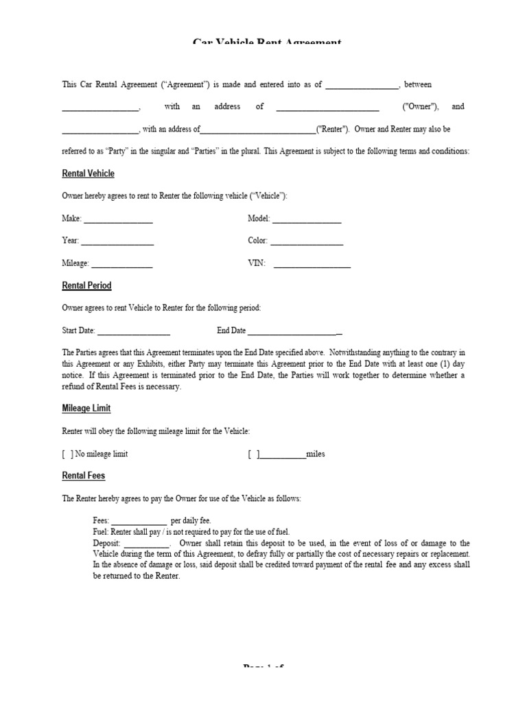 Sample Car Rental Aggreement PDF Format 1 1 | PDF | Renting | Indemnity