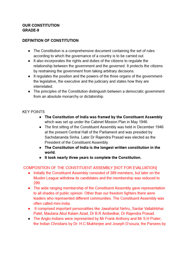 Grade-9-Our Constitution-Key Points | PDF | Politics Of India | Government