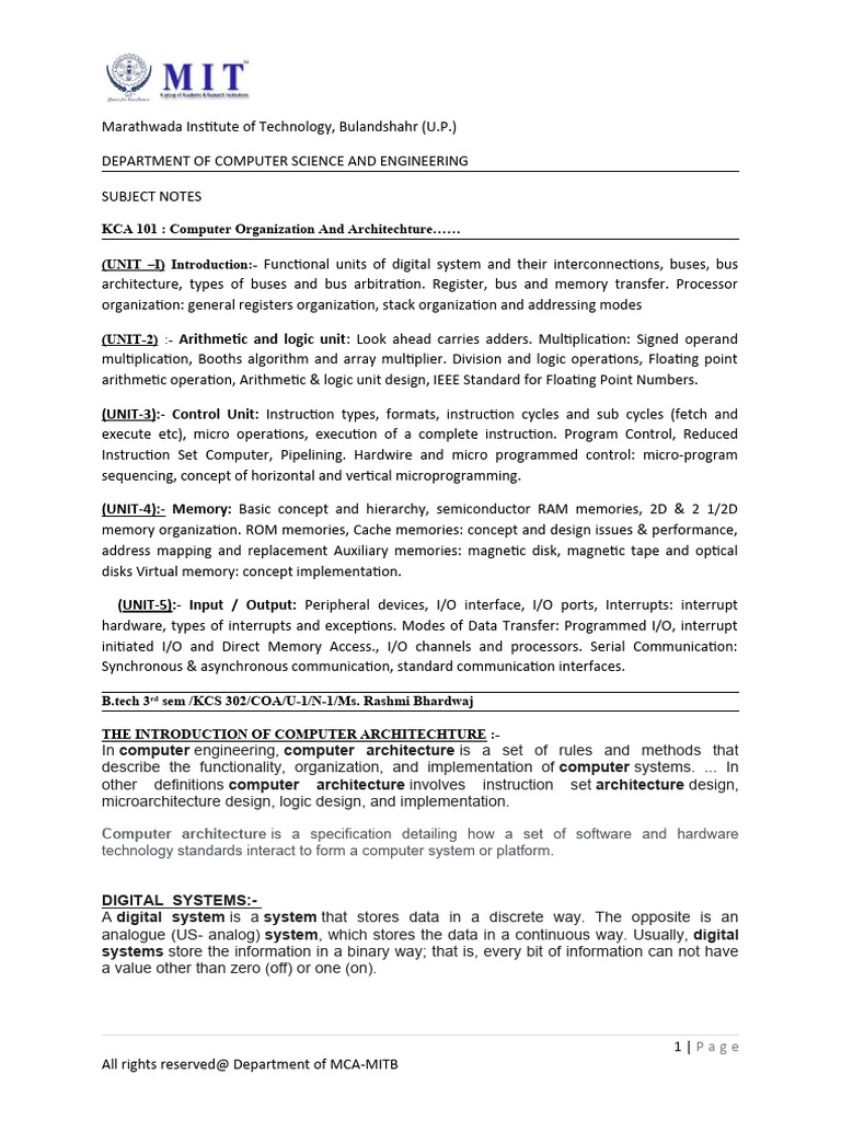 COA Notes For MCA UNIT-1 | PDF | Computer Data Storage | Central ...