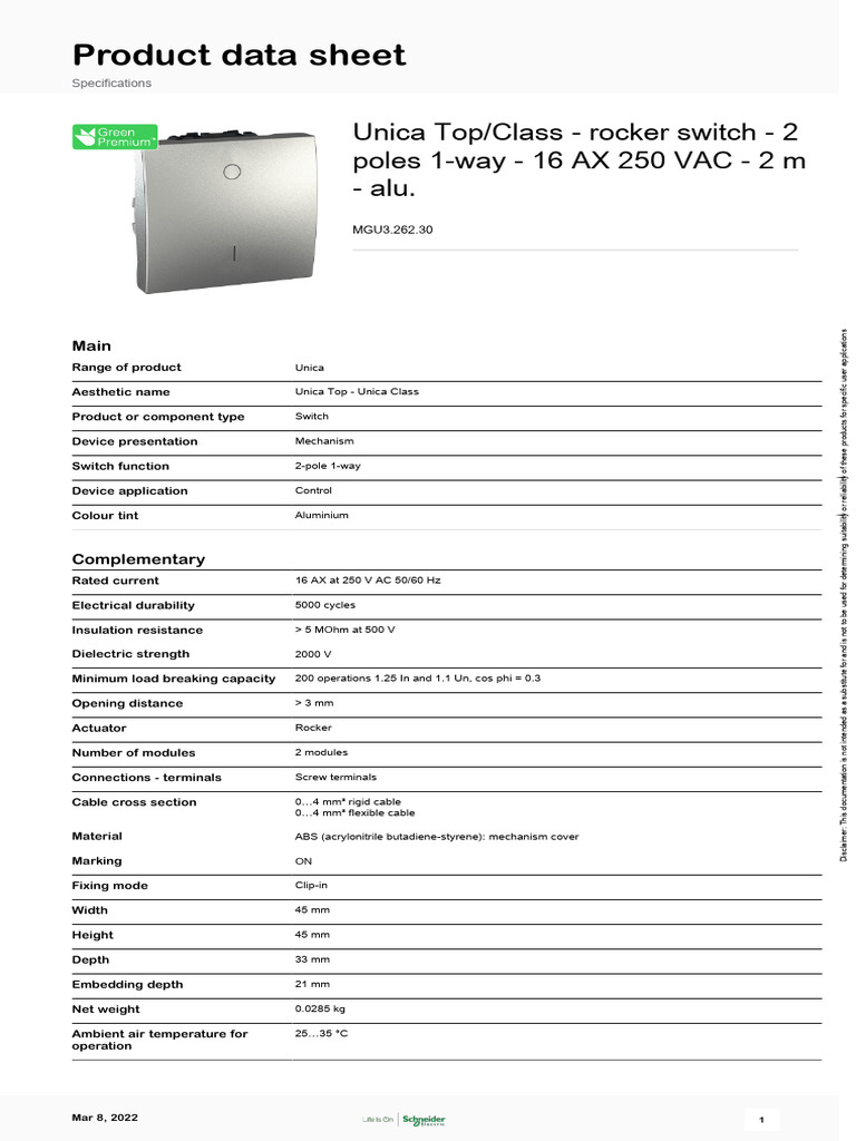 Unica Top Rocker Switch 16AX Specs | PDF | Materials | Electrical Engineering