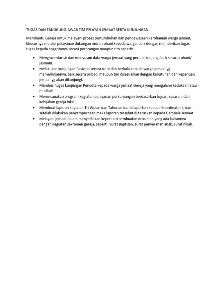 Tugas Dan Tanggungjawab Tim Pelayan Jemaat Serta Tim Kunjungan | PDF ...