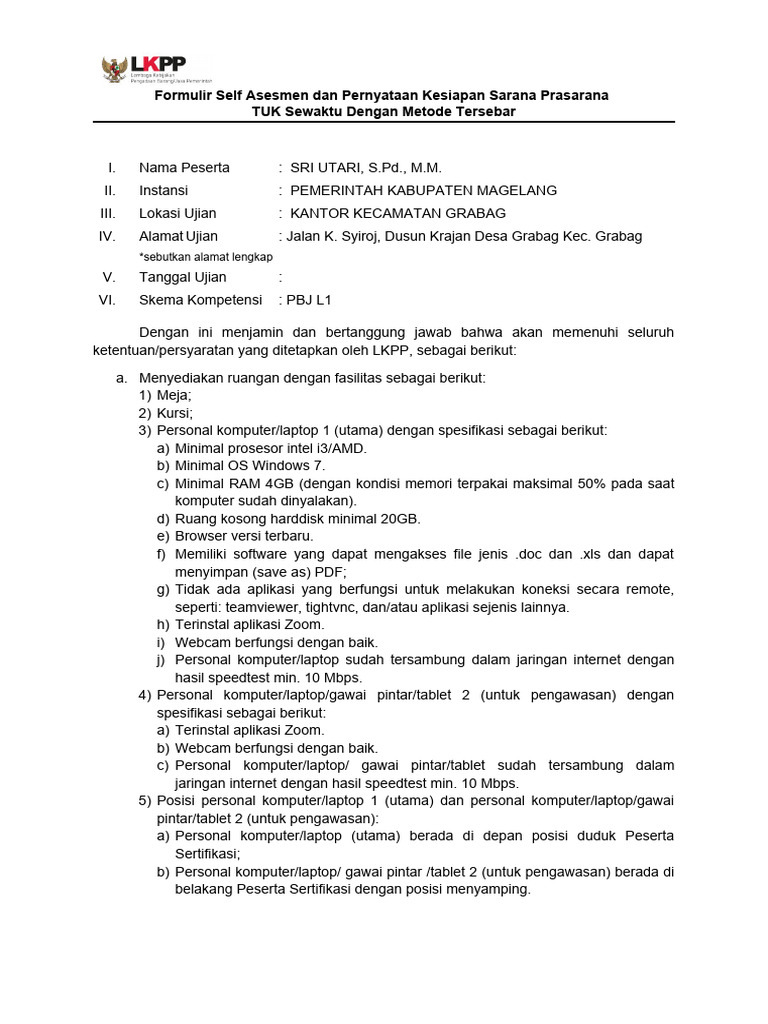 Form Surat Dan Lampiran Kesiapan Sarpras TUK | PDF