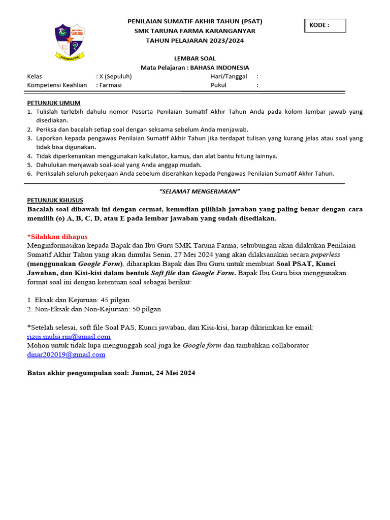 (Bindo - X) - Format Soal Psat 2023-2024 | PDF | Karier & Perkembangan