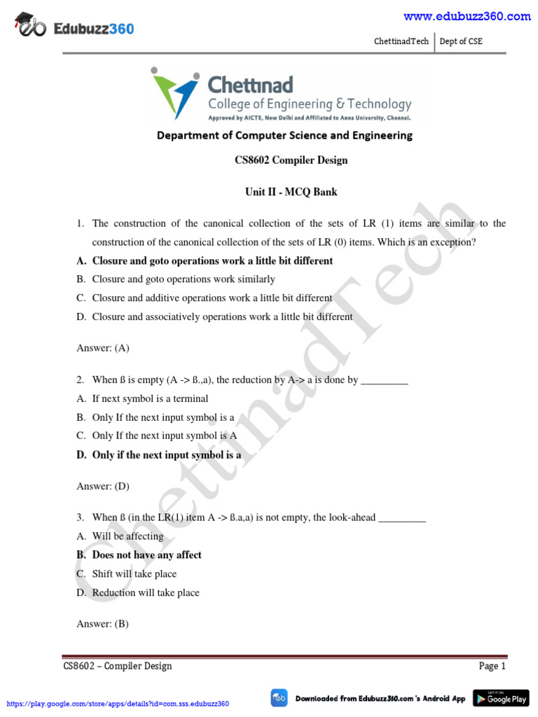 CS8602 Compiler Design UNIT 2 MCQ | PDF | Parsing | Computer Programming