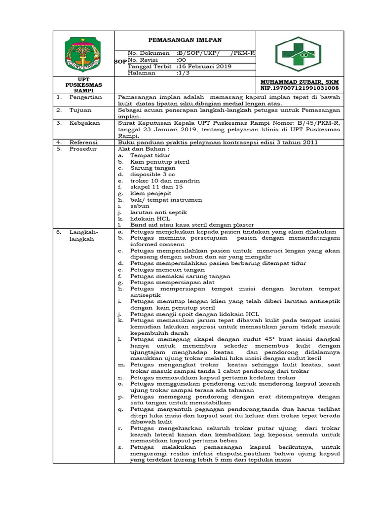 Sop Pemasangan Implan | PDF