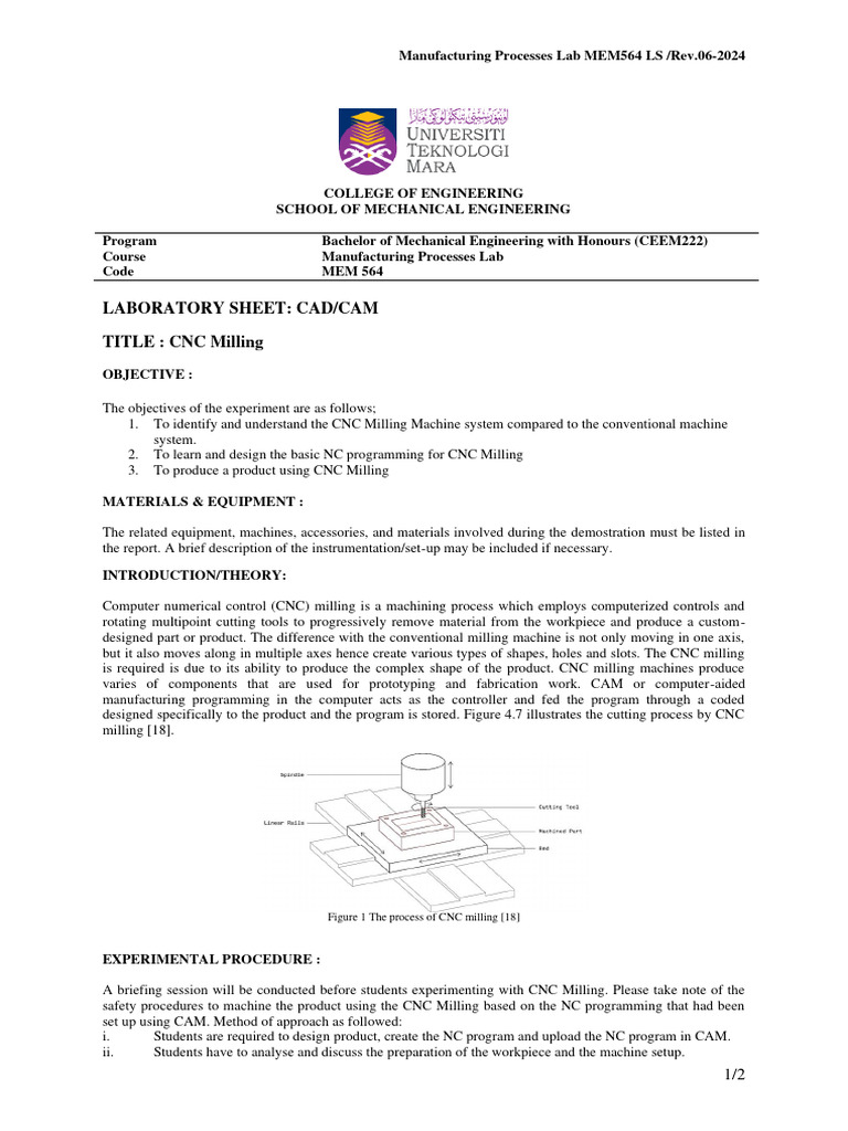 CADCAM Lab Sheet - CNC Milling | PDF | Numerical Control | Computer ...