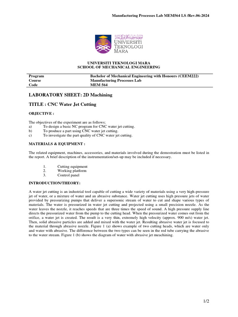 2D Machining Lab Sheet - Water Jet Cutting | PDF | Metalworking | Applied And Interdisciplinary ...