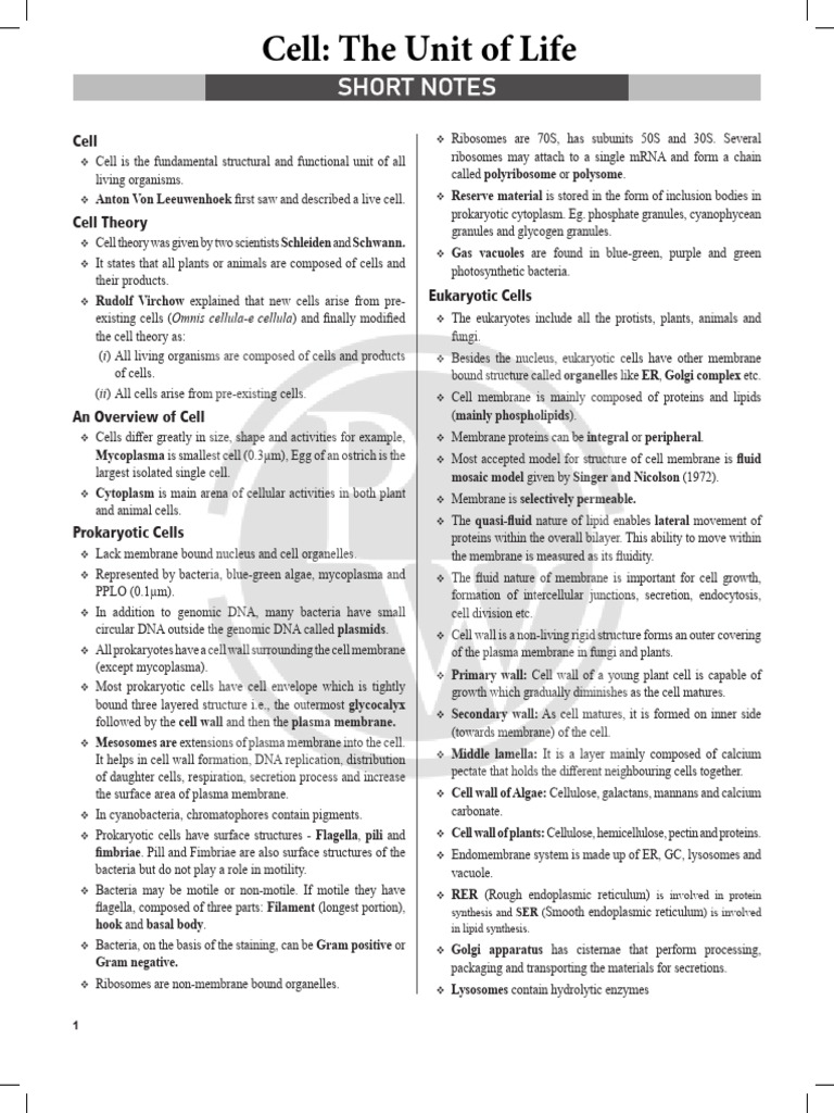 660a7ab160d0bf0018eb0ea0 - ## - Cell The Unit of Life Short Notes | PDF ...