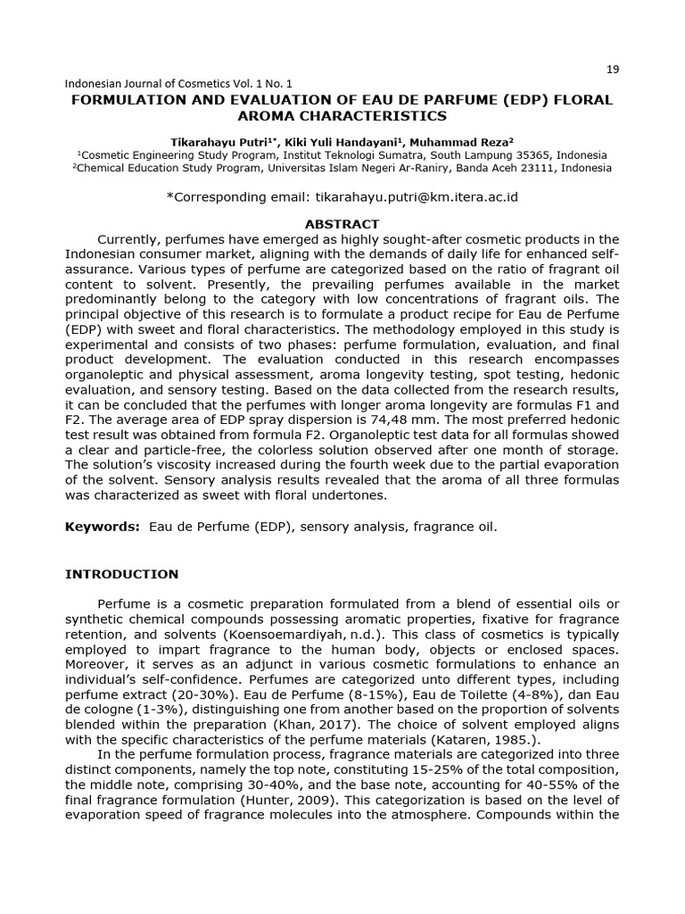 Formulation and Evaluation of Eau de Parfume (Edp) Floral Aroma ...