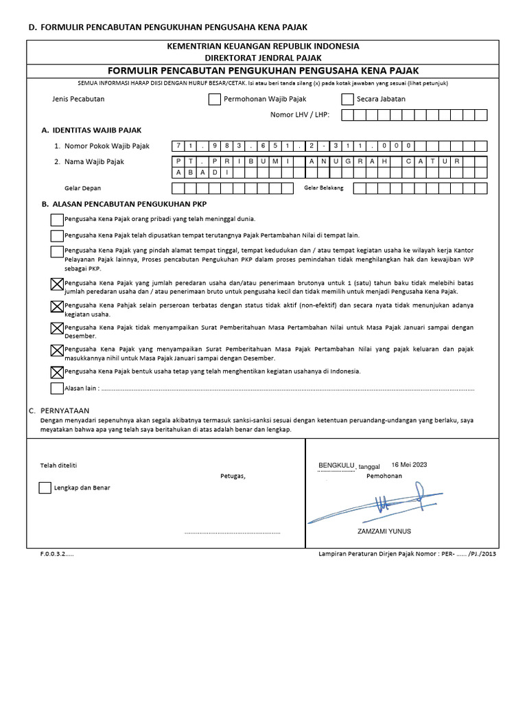 Form Pencabutan PKP CV | PDF
