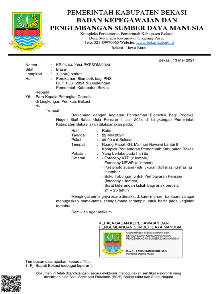 Undangan Perekaman Biometrik - BUP 1 Juli 2024 | PDF