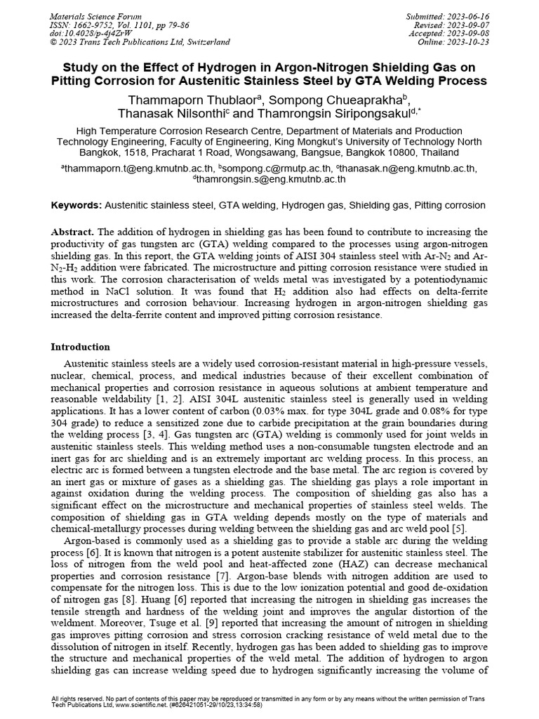 Study On The Effect of Hydrogen in Argon-Nitrogen Shielding Gas On Pitting Corrosion For ...