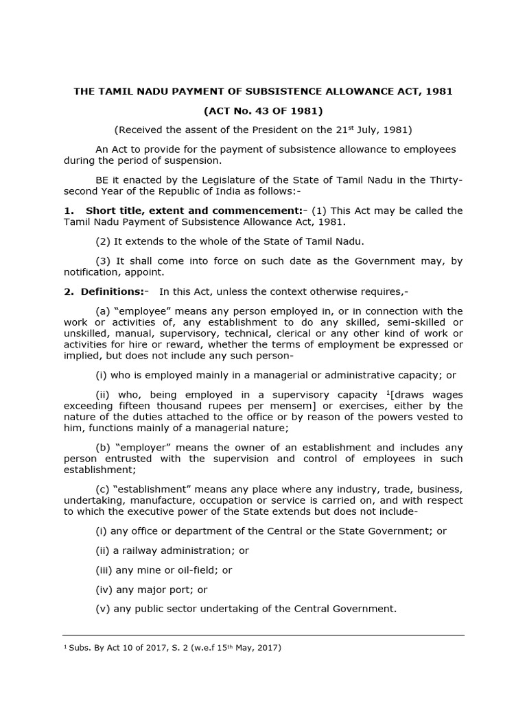 Tamil Nadu Subsistence Allowance Act 1981 | PDF | Employment | Prosecutor