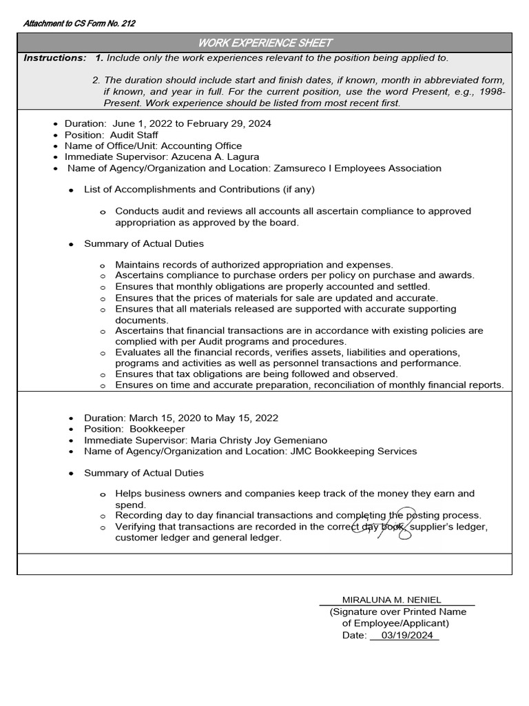 Work Experience Sheet | PDF | Bookkeeping | Audit