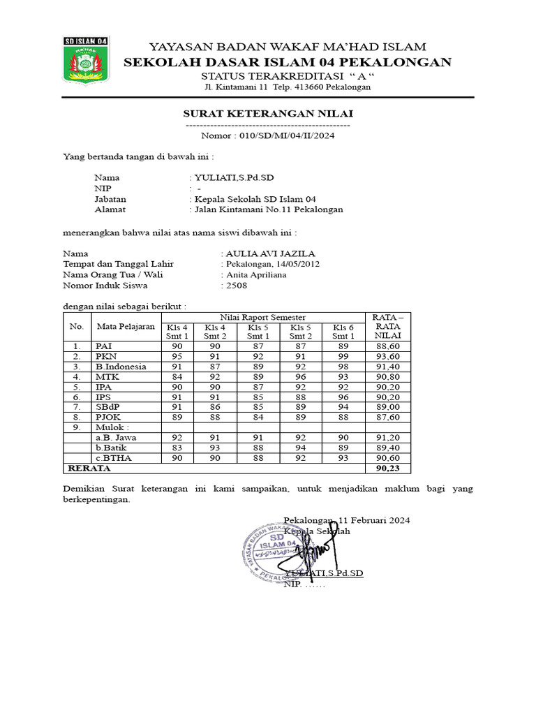 010 Surat Ket Nilai | PDF