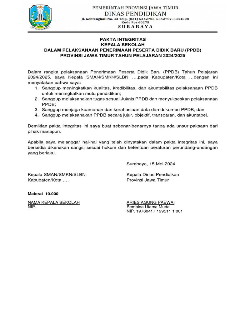 001-Pakta Integritas PPDB 2024-2025 - Kepala Sekolah | PDF