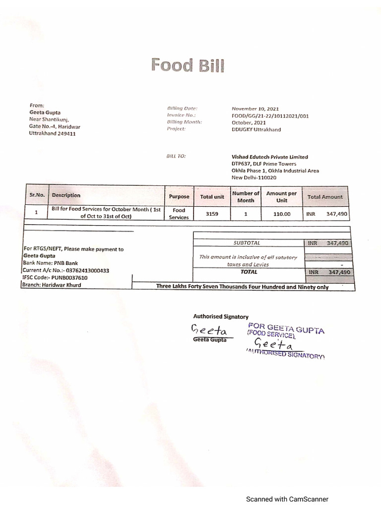 Food Bill Updated Oct | PDF