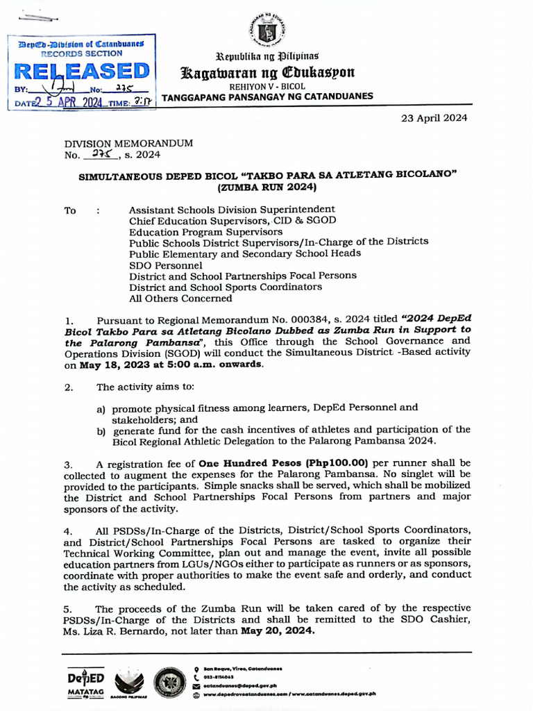 Rec Dm 235 s.2024 Simultaneous Deped Bicol Takbo Para Sa Atletang ...