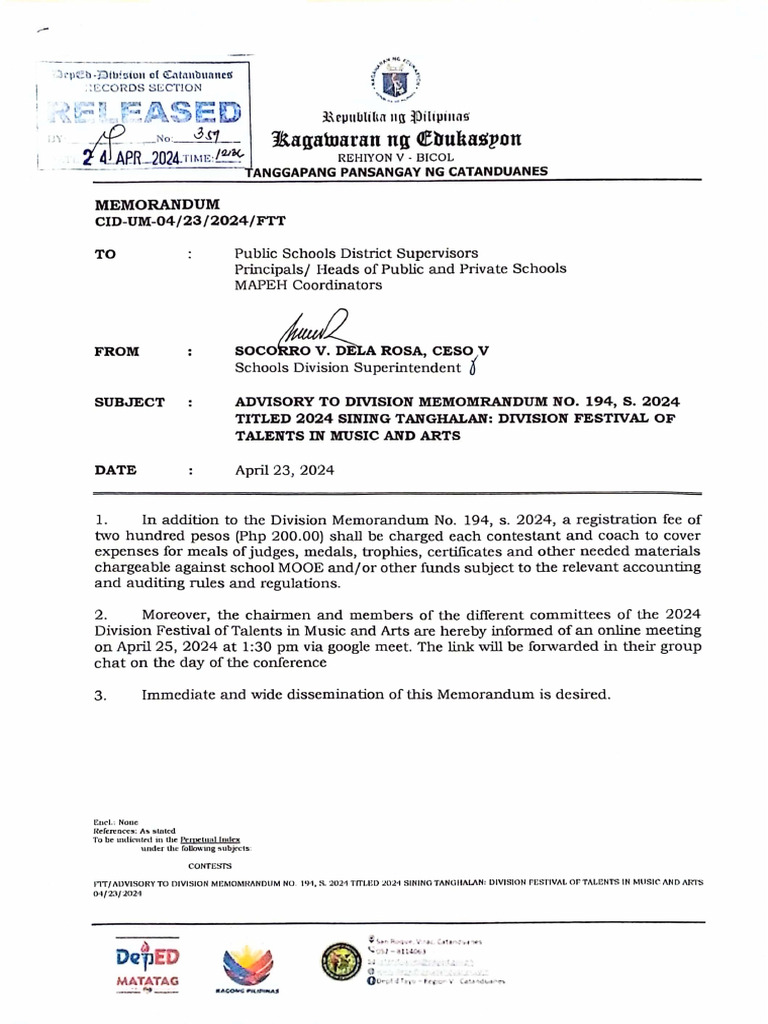 Rec Um 2024 Advisory To Division Memorandum No.194 S. 2024 Titled 2024 Sining Tanghalan Division ...