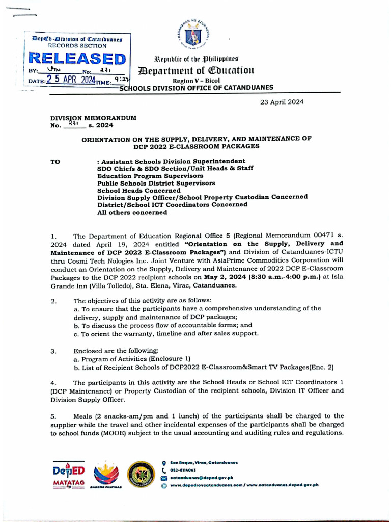 Rec Dm 231 s.2024 Orientation on the Supply Delivery and Maintenance of ...