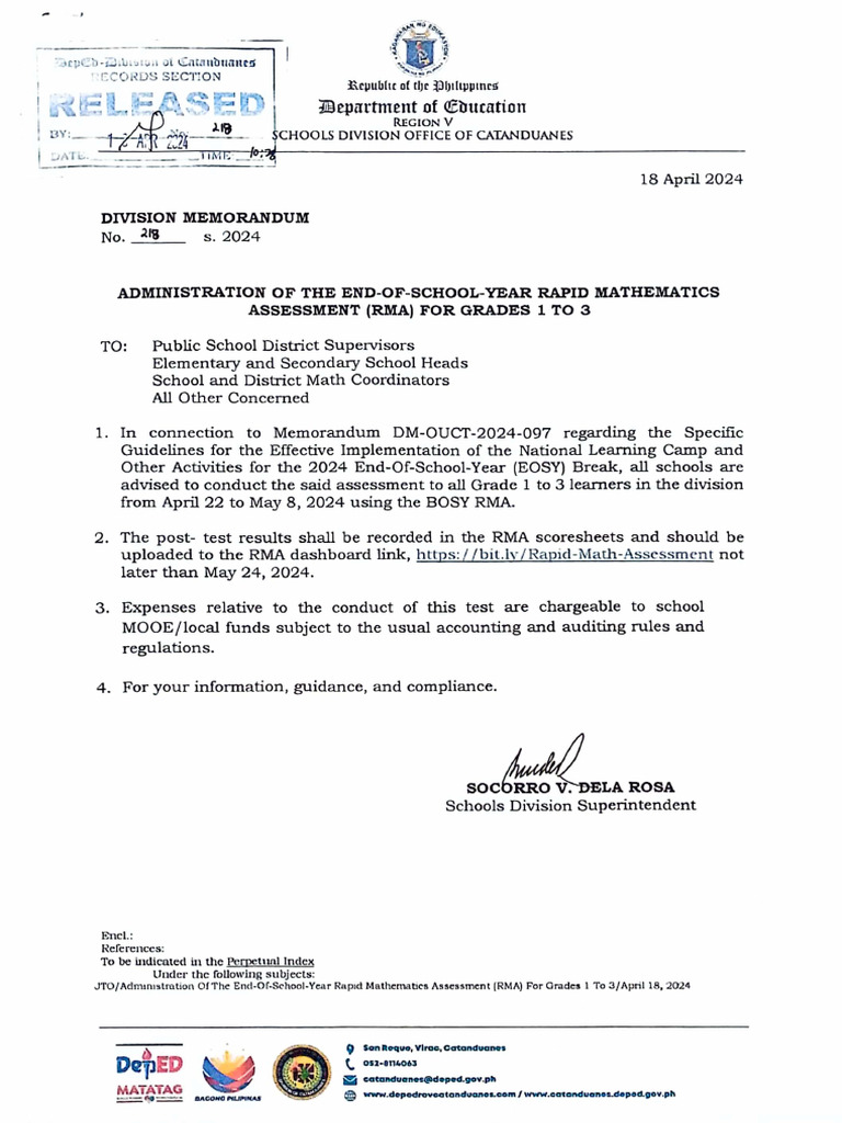 Rec DM 218 Administration of The End of School Year Rapid Mathematics ...