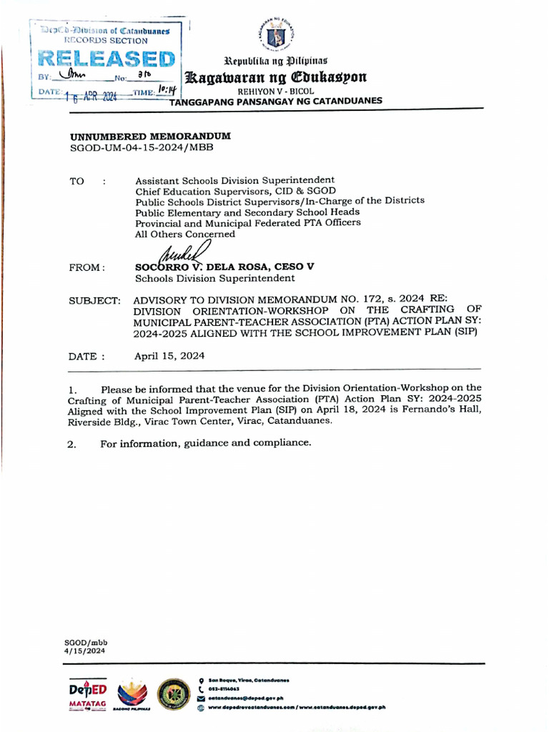 Rec Um 2024 Advisory to Division Memorandum No. 172 s. 2024 Re Division ... Rec Um 2024 Advisory to Division Memorandum No. 172 s. 2024 Re Division ...