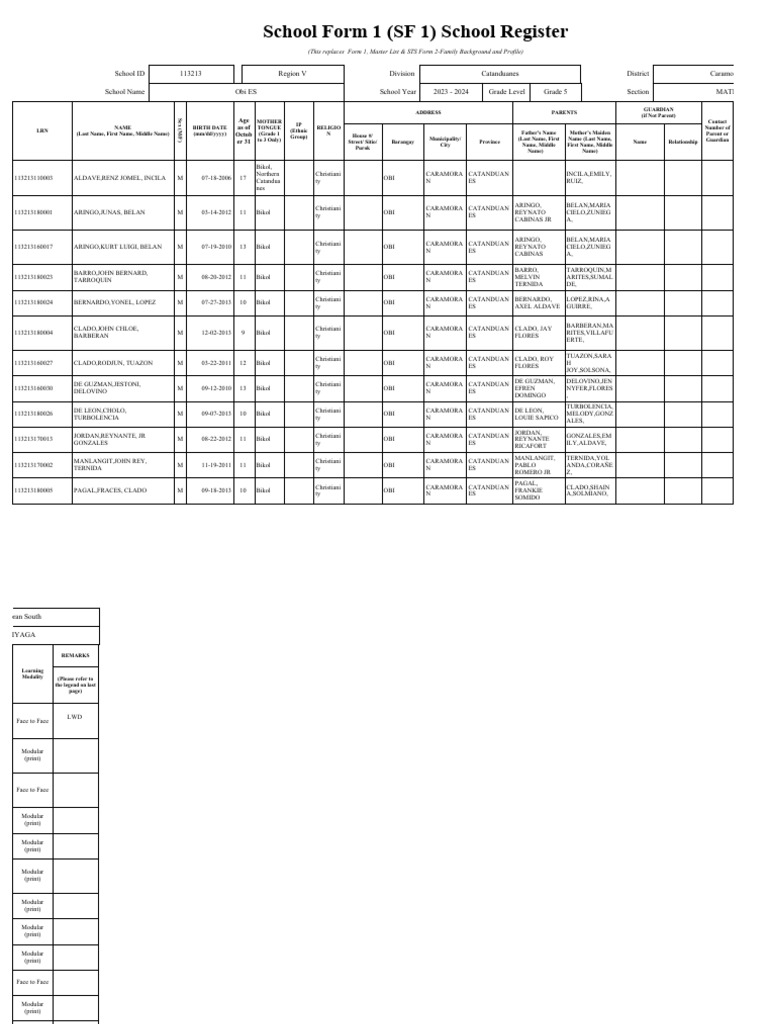 SF1 - 2023 - Grade 5 - MATIYAGA | PDF