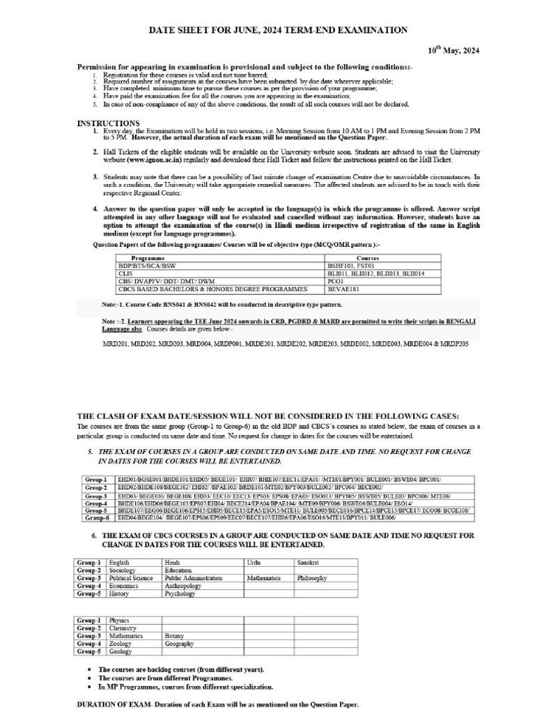 IGNOU Final Date Sheet June 2024 | PDF