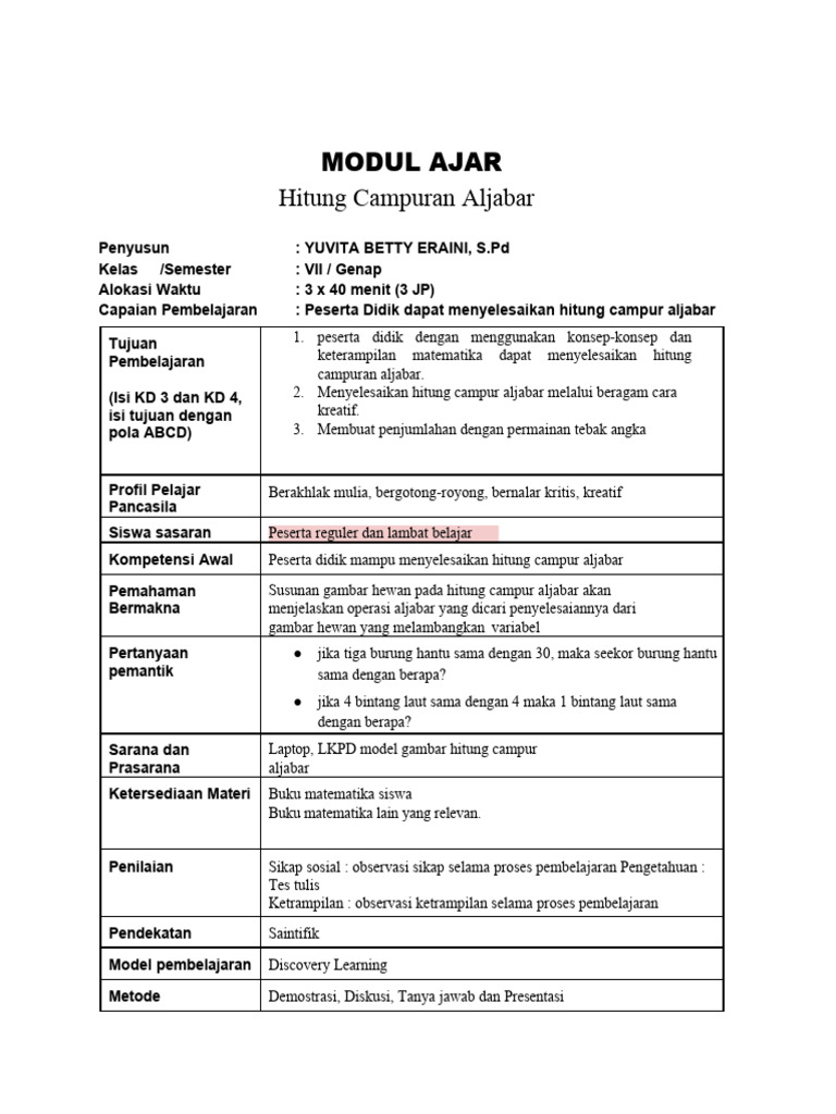 Modul Ajar Matematika - Modul Ajar Hitung Campuran Aljabar | PDF | Metode & Bahan Ajar