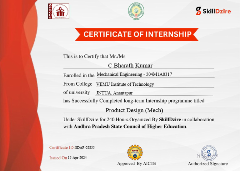Internship Certificate C.bharath Kumar SDAP-02855 | PDF