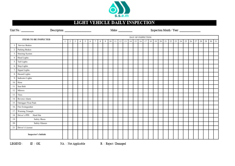 Light Vehicle daily inspection checklist | PDF